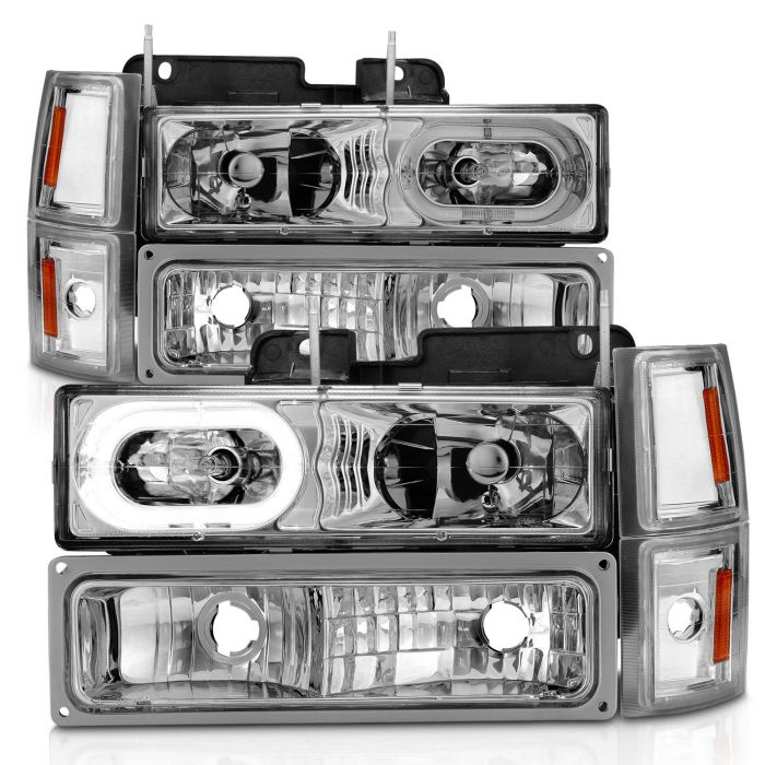 CHEVY C K1500 2500 94 98 C K 3500 94 00 SUBURBAN 94 99 TAHOE 95 99 BLAZER FULL SIZE 94 CRYSTAL HALO HEADLIGHTS CHROME W SIGNAL SIDE